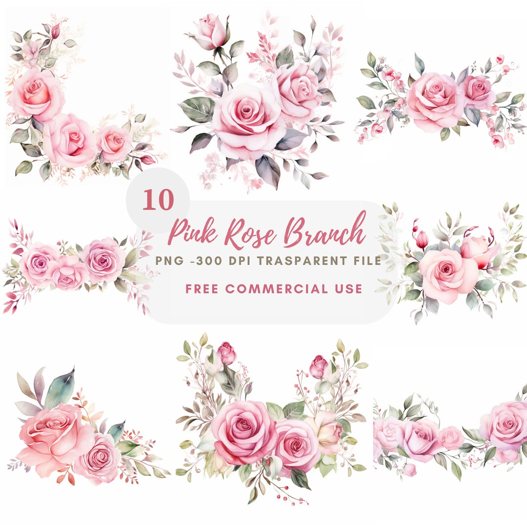 Pink Rose Garland Branch Clipart Bundle 10 High Quality PNG, Watercolor ...
