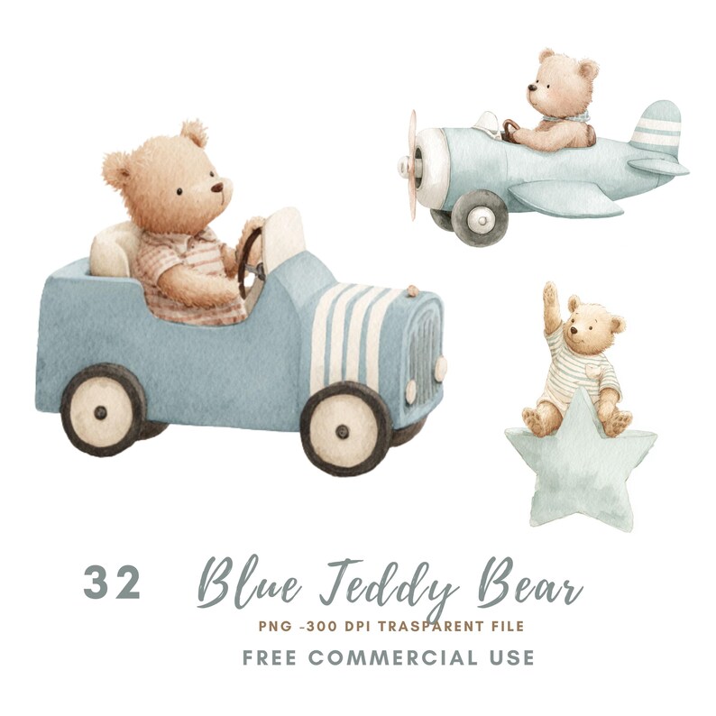 Blue Teddy Bear Nursery Clipart , Bundle 32 Png,watercolor It's a Boy ...
