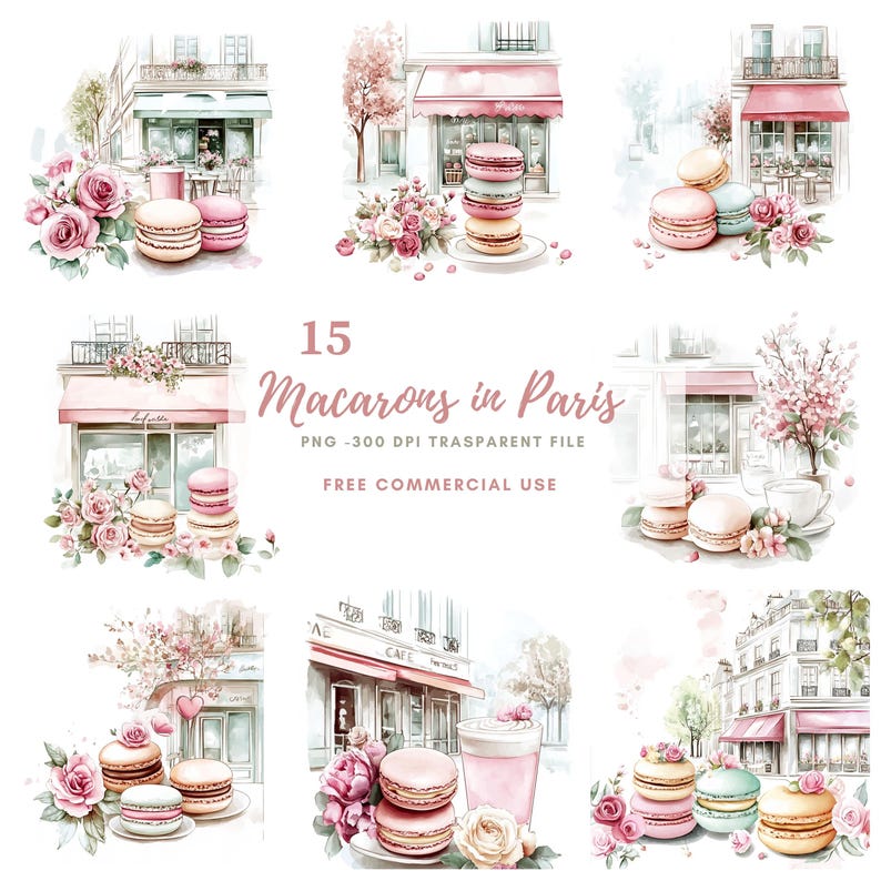 Macarons Flower Paris Clipart | Bundle 15 High Quality PNG| Watercolor ...