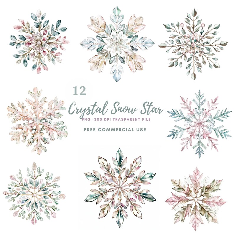 Watercolor Christmas Snow Star Clipart Png,bundle 12 High Quality,cristal Snowstar, Printable ...