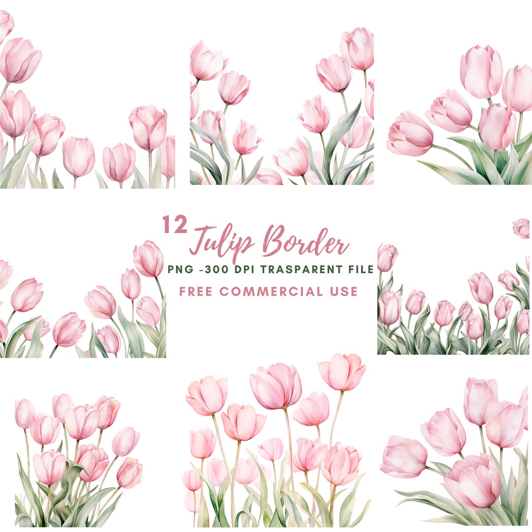 Tulips Flower Border Clipart Bundle 12 High Quality PNG, Watercolor ...