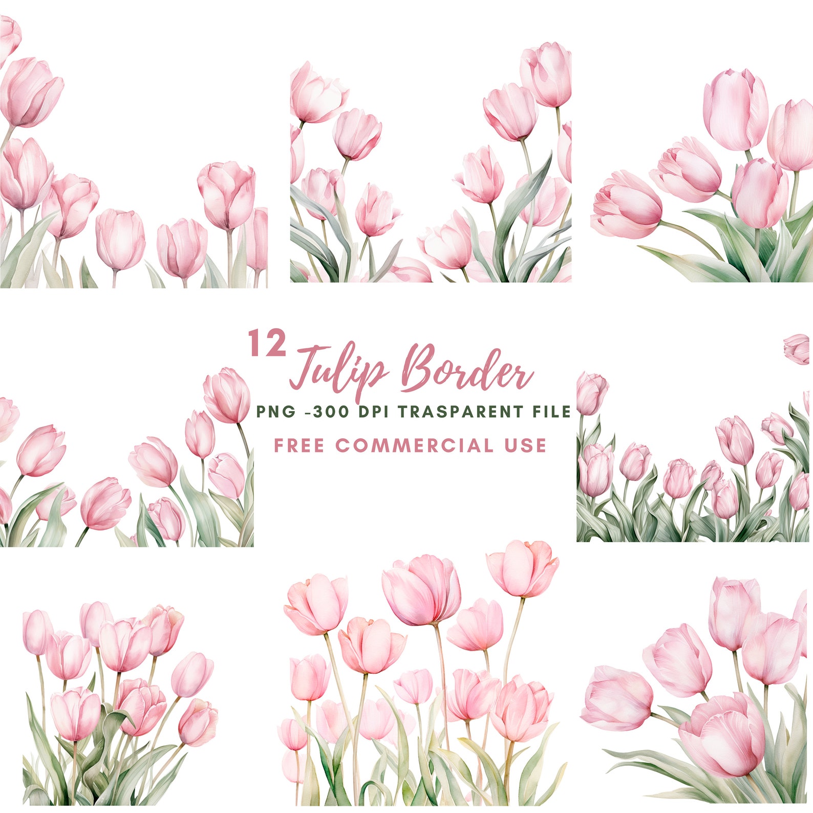 Tulips Flower Border Clipart Bundle 12 High Quality PNG, Watercolor ...