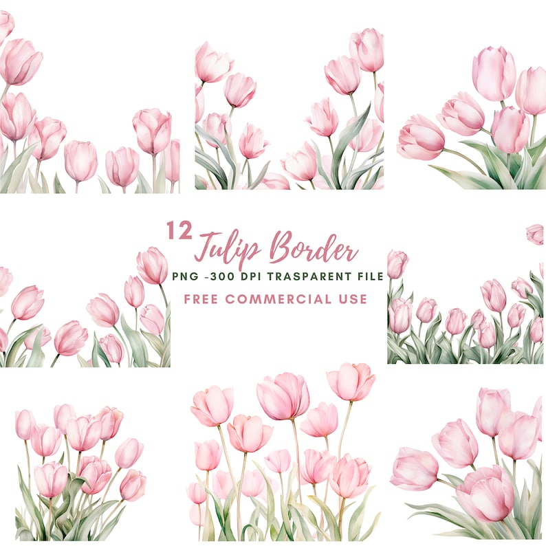 Tulips Flower Border Clipart Bundle 12 High Quality PNG, Watercolor ...