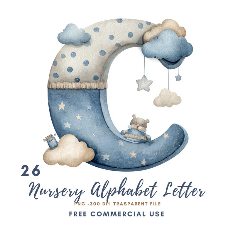 Nursery Alphabet Letter,clipart Bundle 26 PNG, Watercolor Blue Letter ...