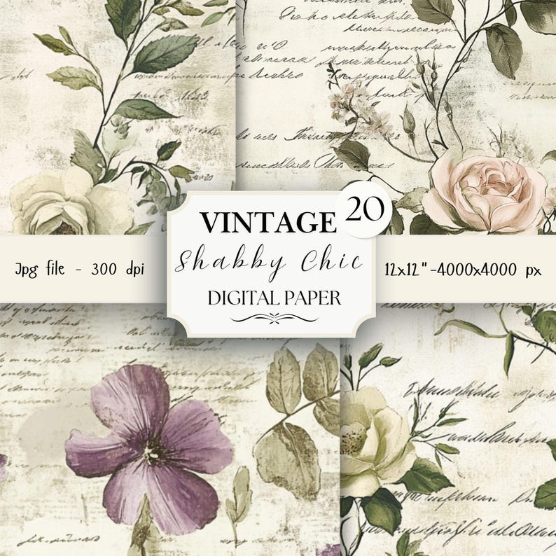Shabby Chic Digital Paper Pack -20 Vintage Word Scrapbook Junk Journal ...