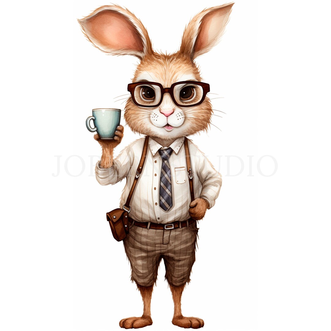 Bunny With Coffee Clipart PNG Bundle 12 High Quality JPG, Watercolor ...