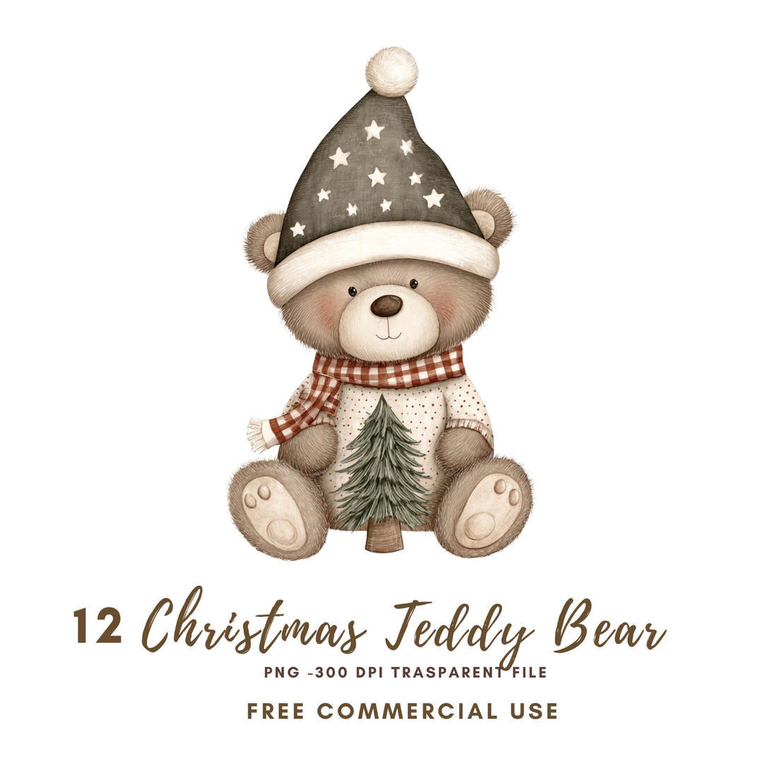 Christmas Teddy Bear Clipart, Watercolor 12 High Quality PNG, Winter ...