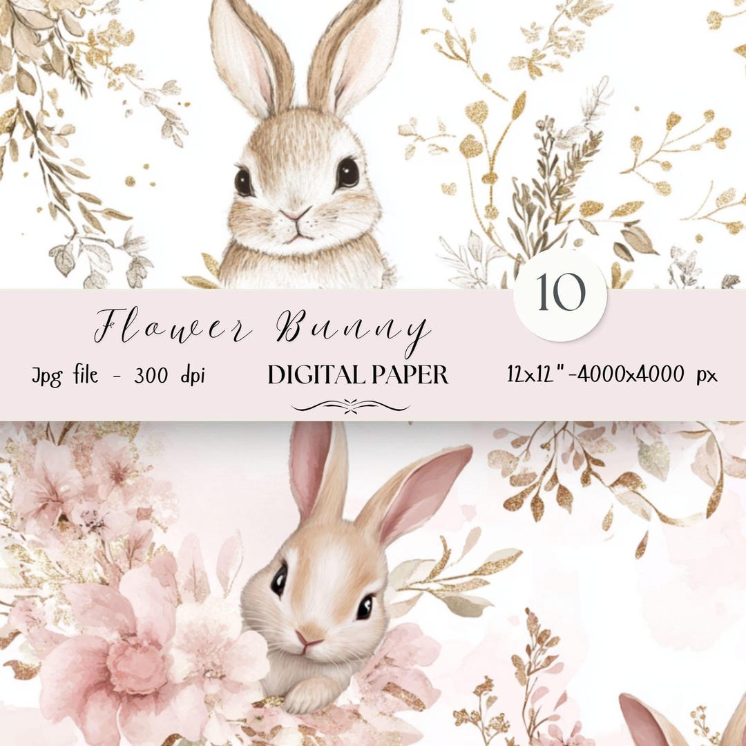 Flower Bunny Digital Paper Pack - 10 Pages Scrapbook Junk Journal ...