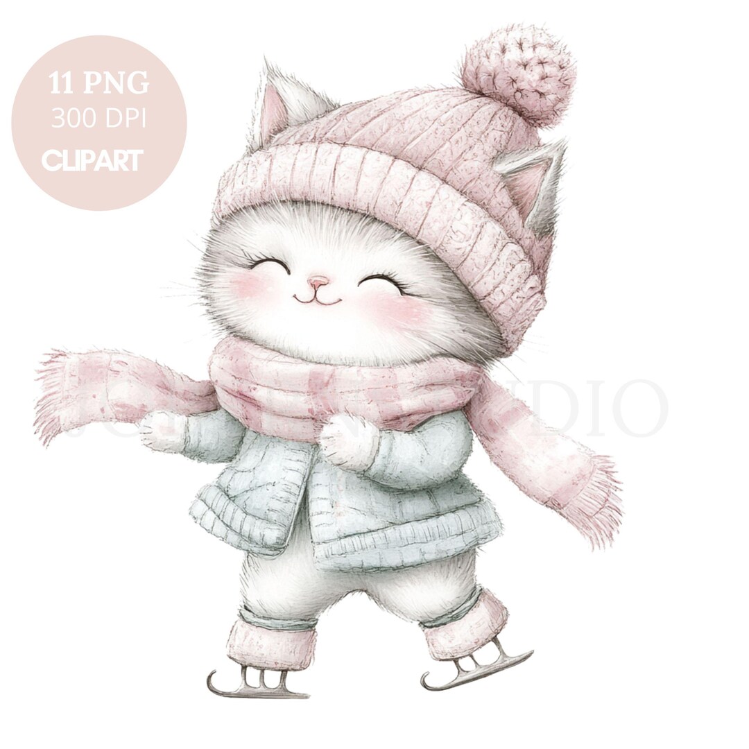 Winter Cat Clipart PNG Bundle 11 High Quality | Winter Skater Cute Cat ...