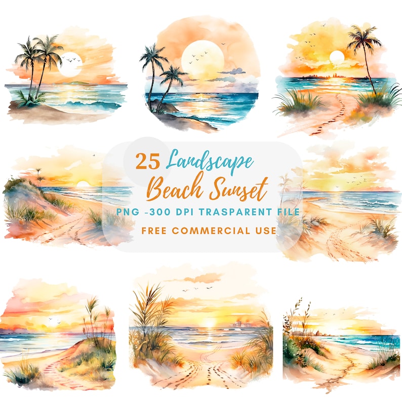 Beach Sunset Clipart Png,bundle 25 High Quality Jpg,watercolor ...