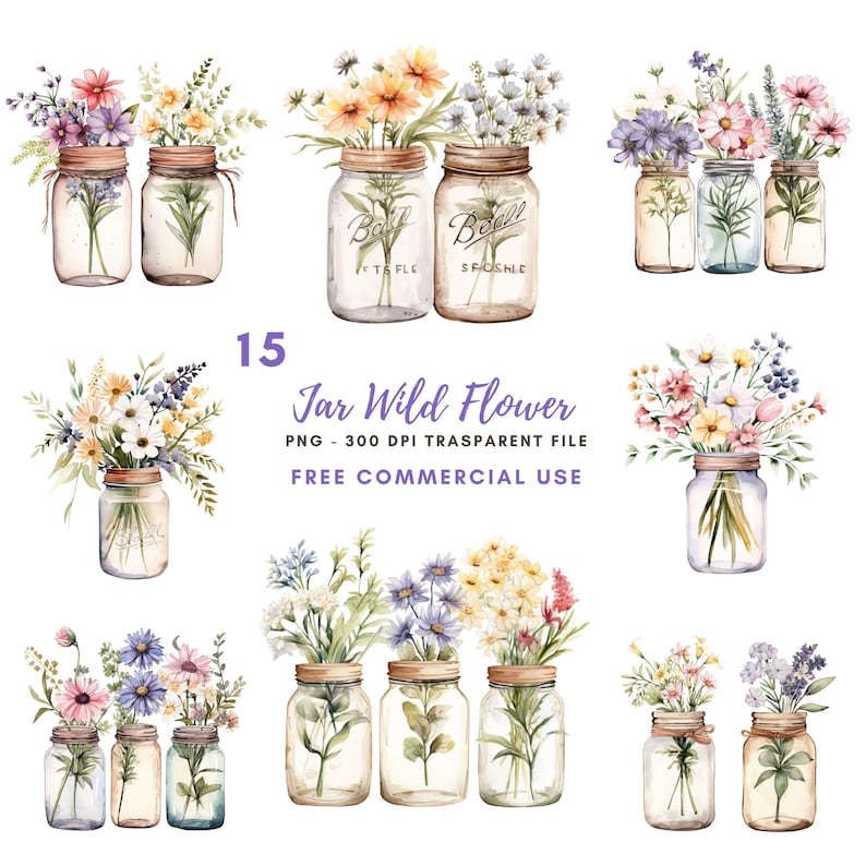 Jar of Flower Clipart Bundle 15 High Quality PNG, Watercolor Rustic ...