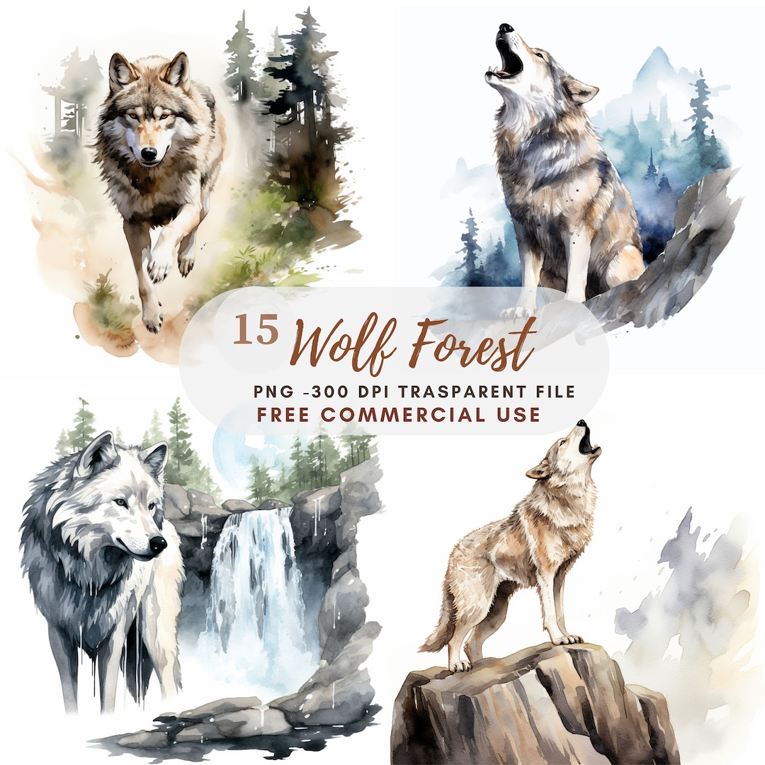Wolf Forest Clipart Png,bundle 15 High Quality Jpg,watercolor Digital ...