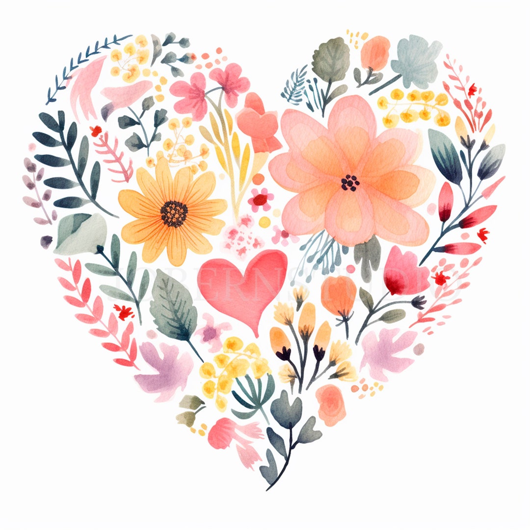 Flower Heart Clipart Bundle 12 High Quality PNG, Watercolor Garland ...