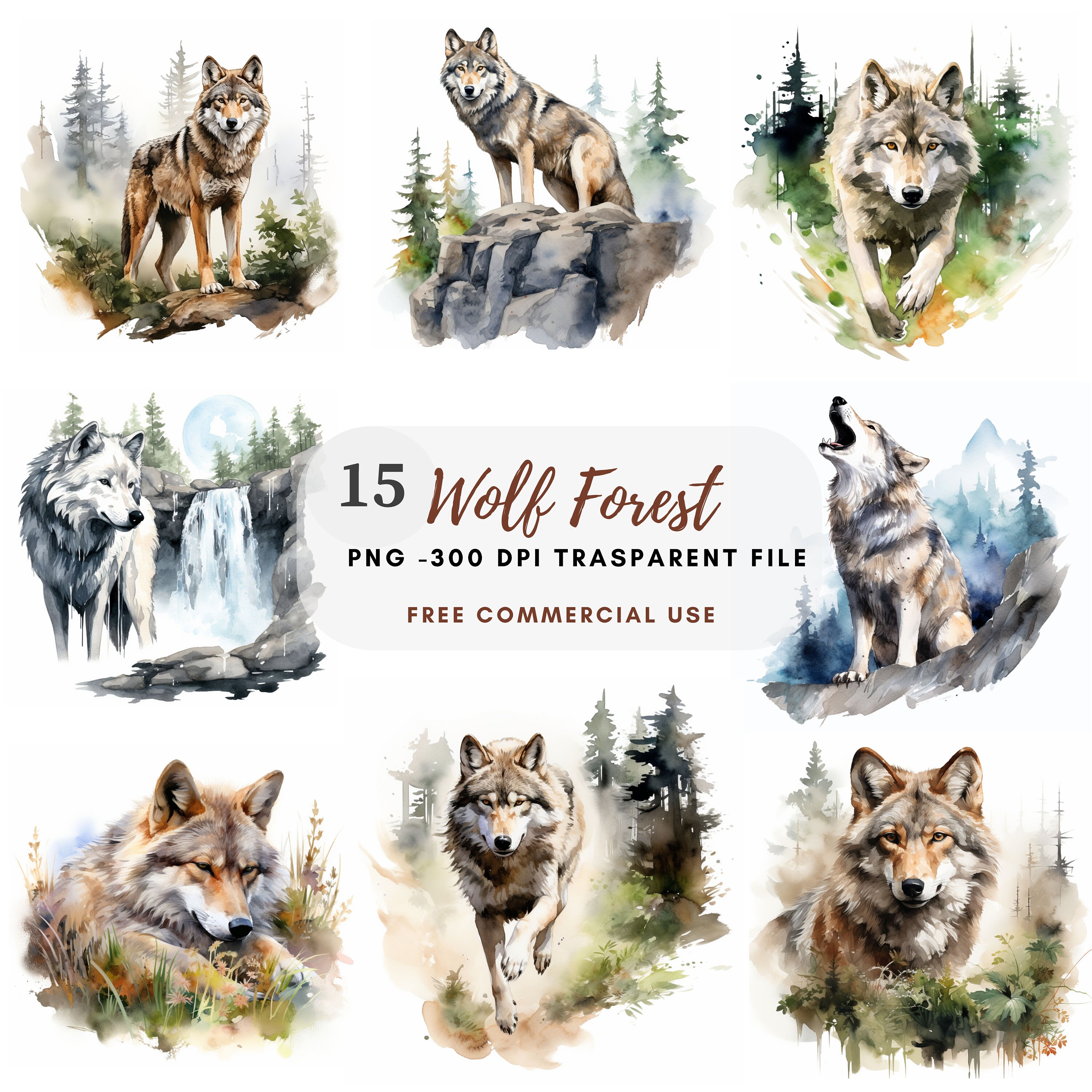 Wolf Forest Clipart Png,bundle 15 High Quality Jpg,watercolor Digital ...