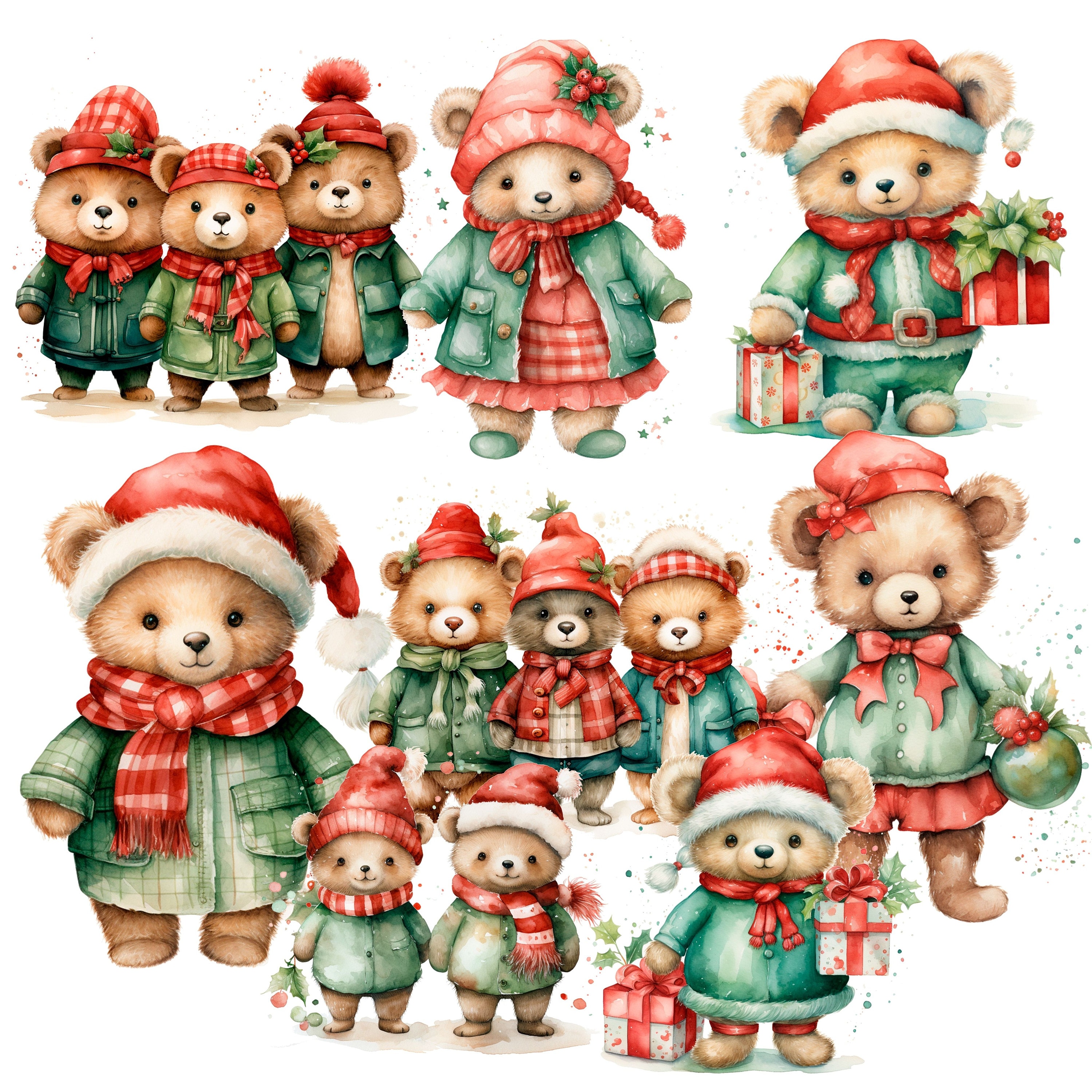 Christmas Teddy Bear, Watercolor Clipart PNG,15 High Quality Jpgs ...