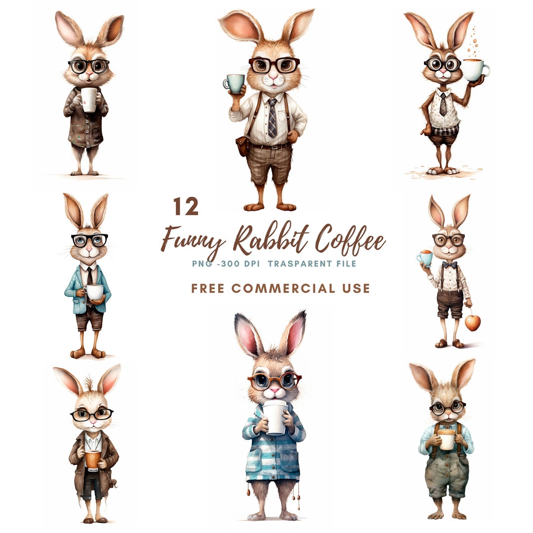 Bunny With Coffee Clipart PNG Bundle 12 High Quality JPG, Watercolor ...