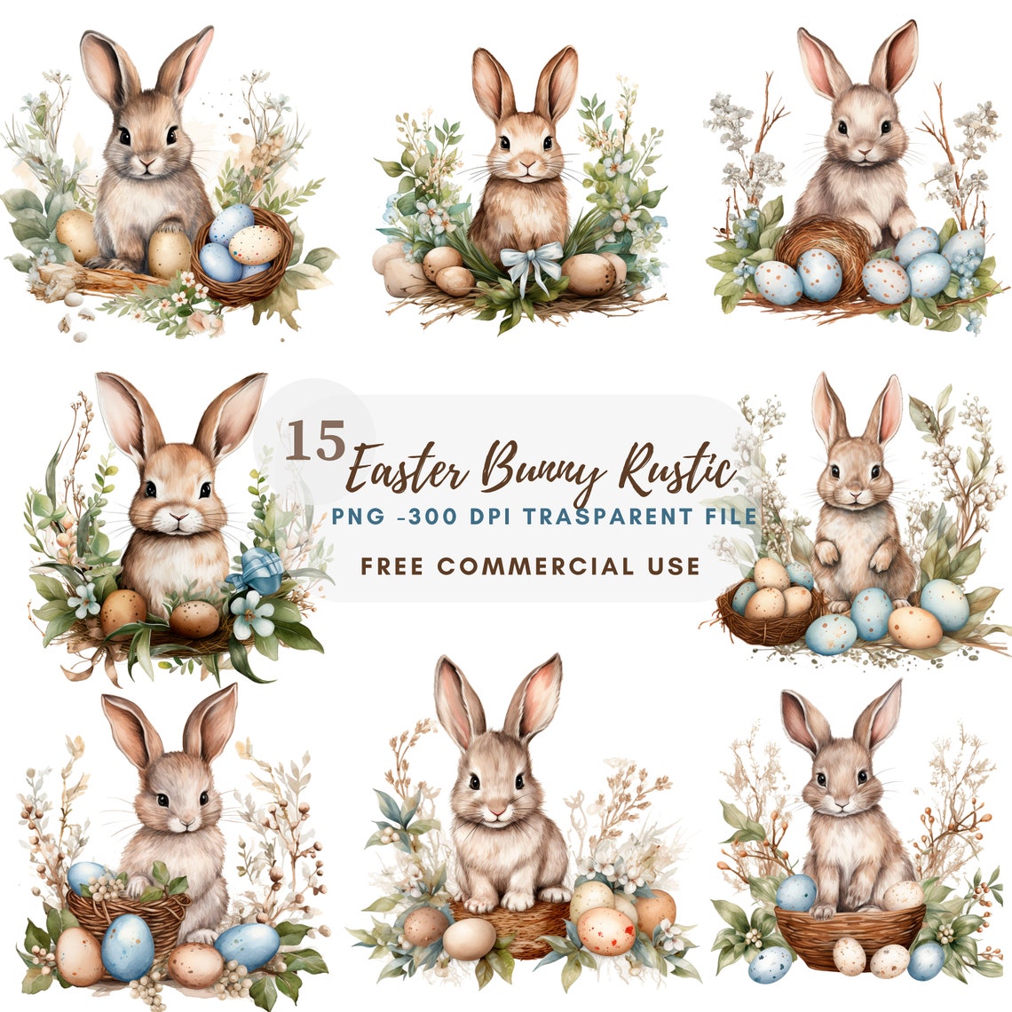 Easter Bunny Rustic Clipart PNG Bundle 15 High Quality JPG, Watercolor ...