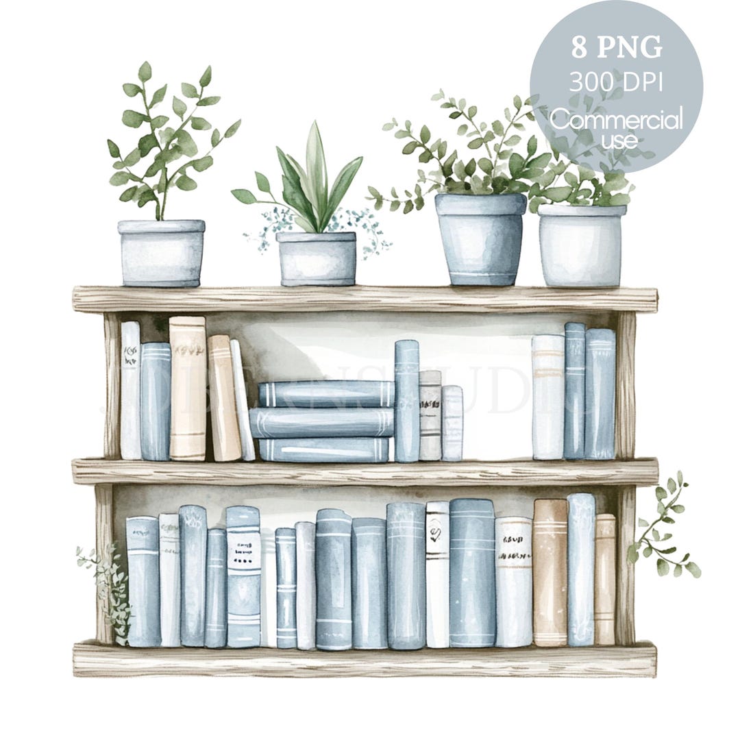 Bookshelf Clipart, Bundle 8 High Quality Png,watercolor Blue Bookcase ...
