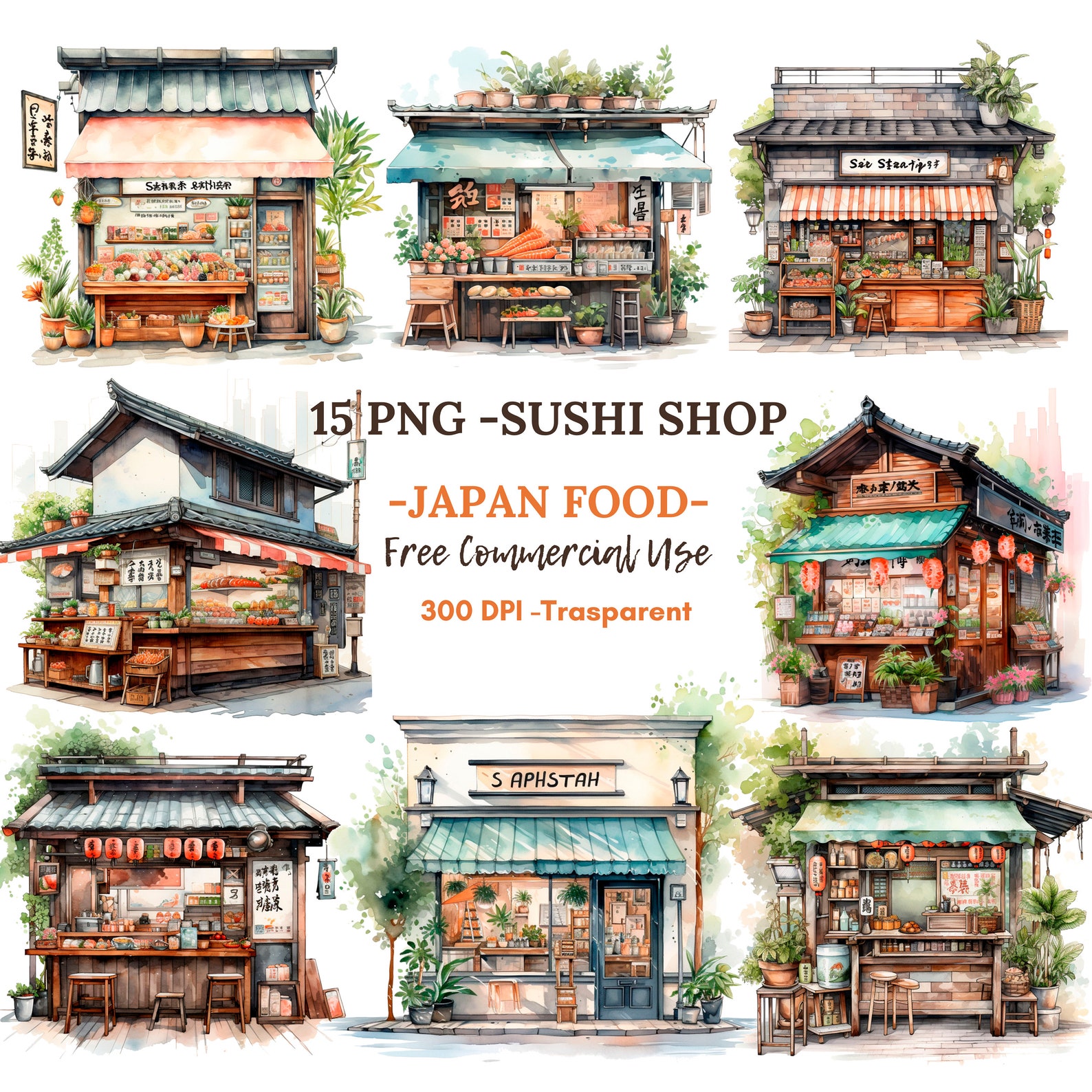 Sushi Shop Clipart Bundle 15 High Quality Png,watercolor Japanese Food ...