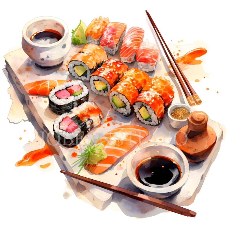 Watercolor Sushi Clipart Bundle, Japanese Food PNG (digital Download ...