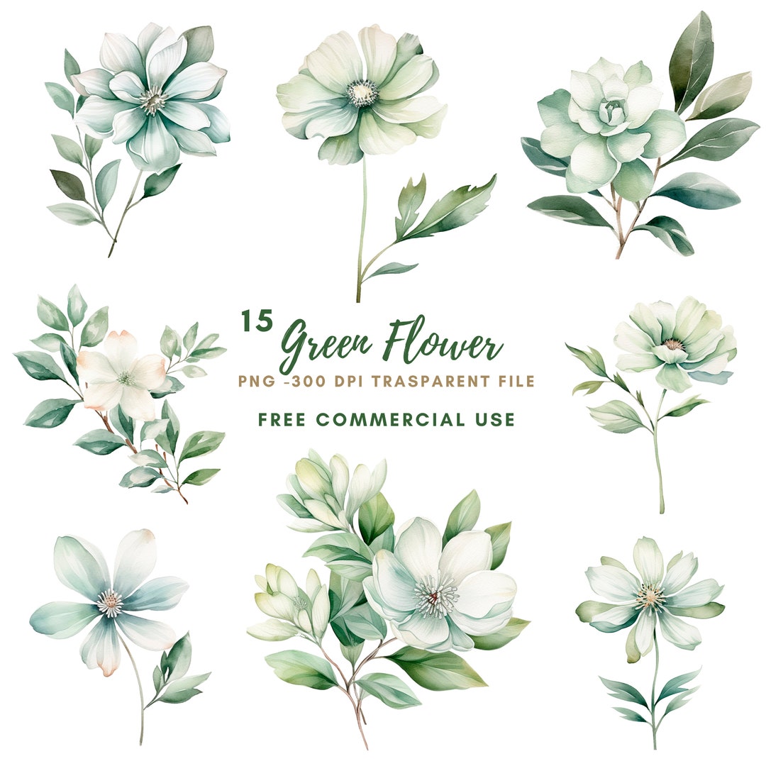 Green Flower Clipart Bundle 15 High Quality Png,watercolor Floral ...
