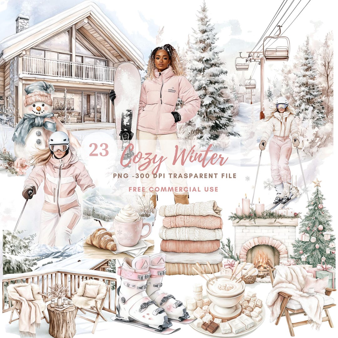 Cozy Winter Clipart Png,bundle 23 High Quality,watercolor Pink Winter ...