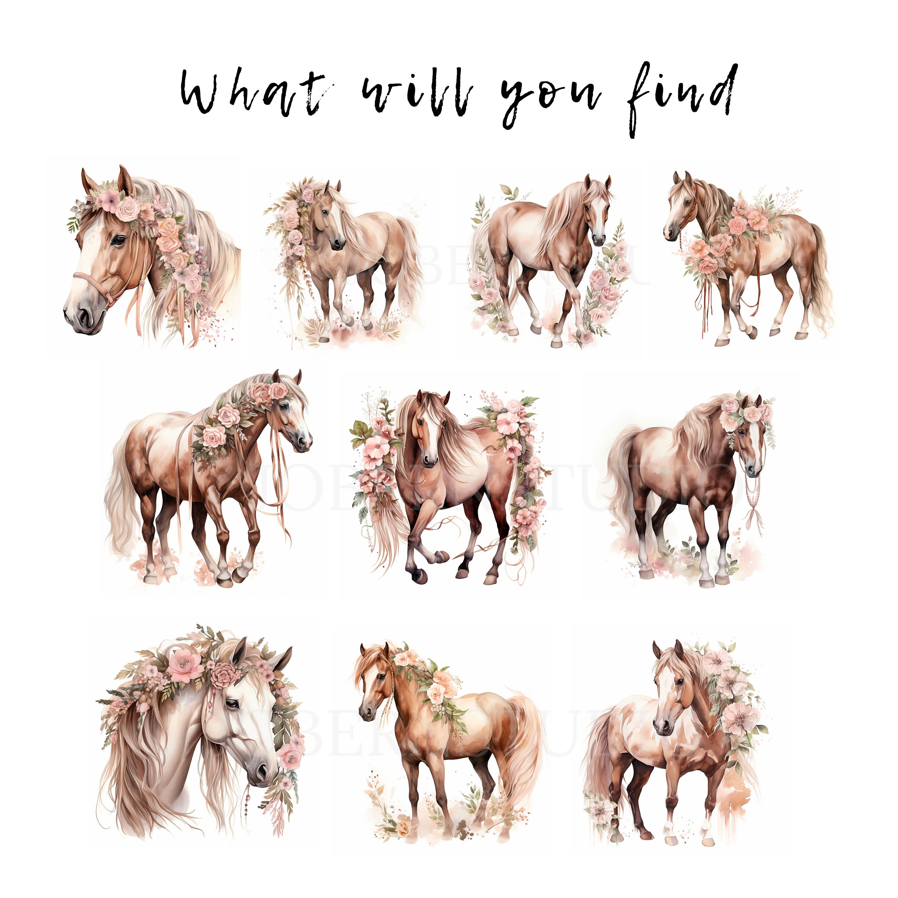Flower Horse Clipart PNG Bundle 12 High Quality,watercolor Horse ...