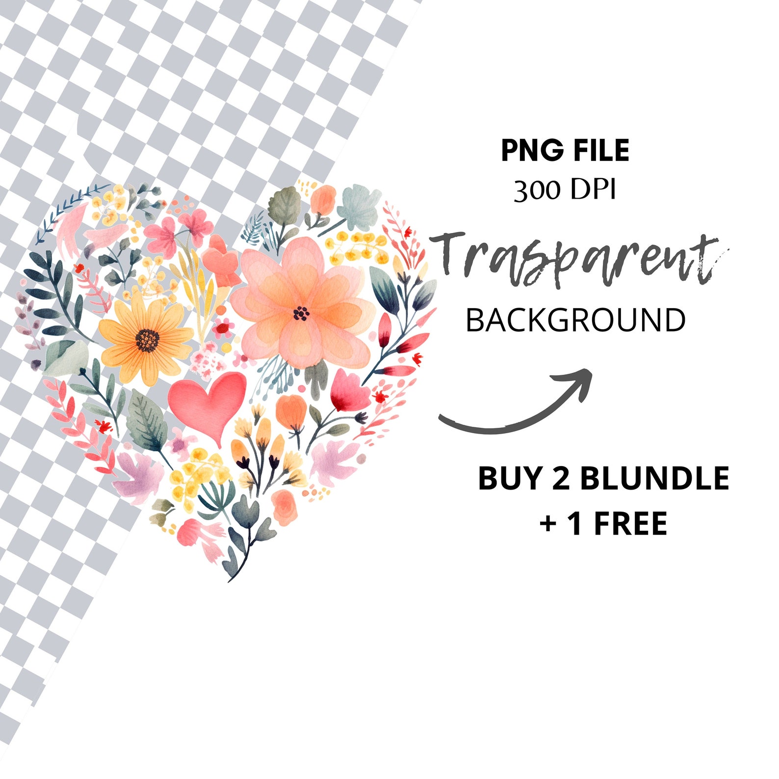 Flower Heart Clipart Bundle 12 High Quality PNG, Watercolor Garland ...