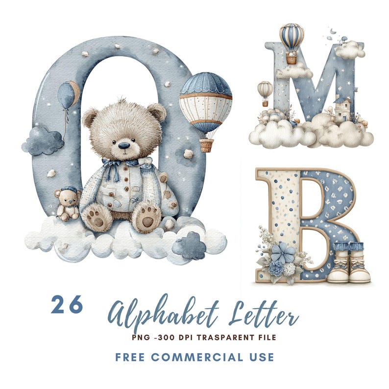 Nursery Alphabet Letter,clipart Bundle 26 PNG, Watercolor Blue Letter ...