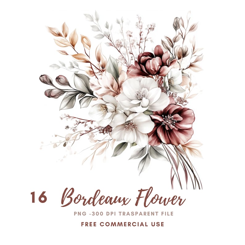 Bordeaux Bouquet Clipart Bundle 16 High Quality PNG| Watercolor Rose ...