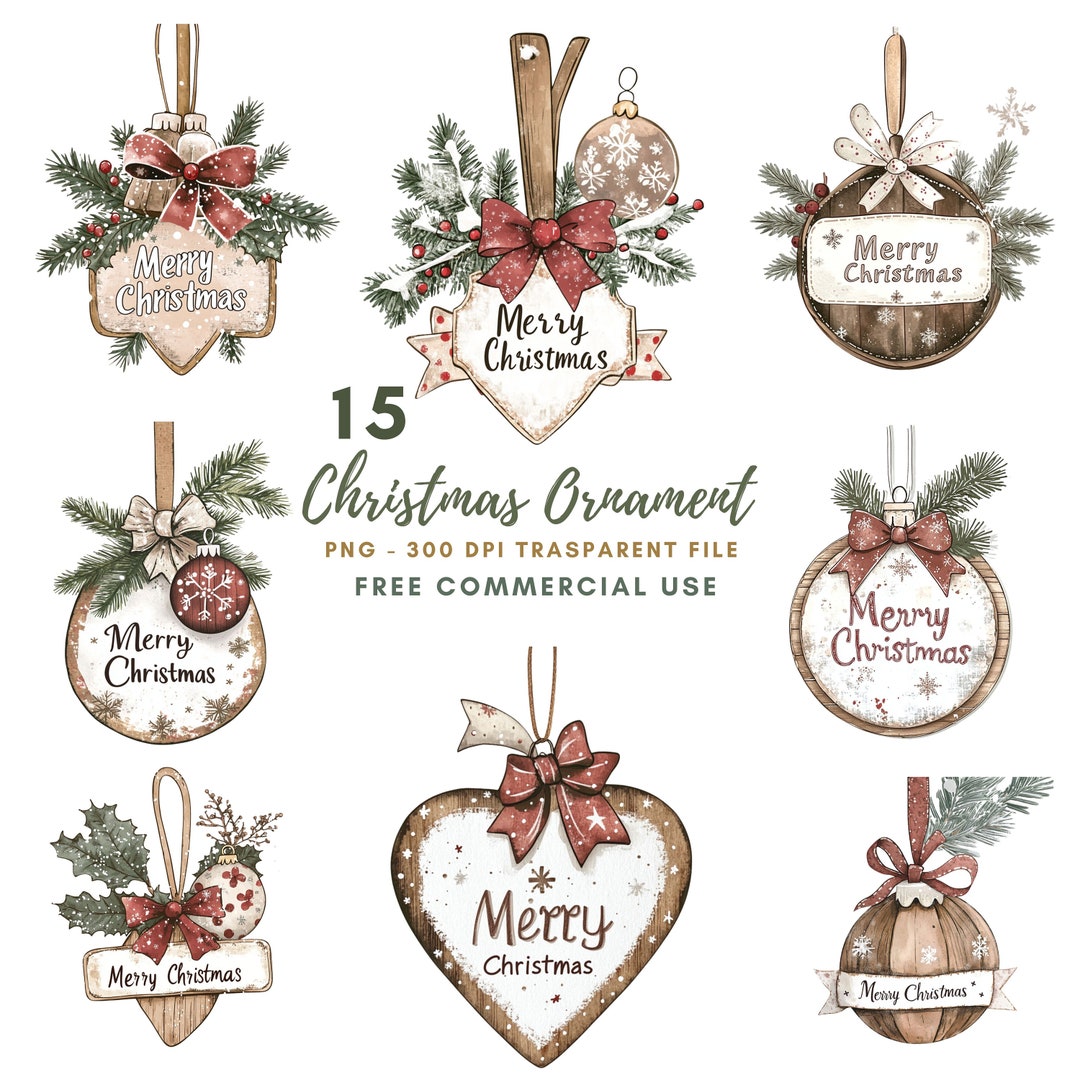 Christmas Ornament Clipart PNG Bundle 15, Watercolor Wood Ornament ...