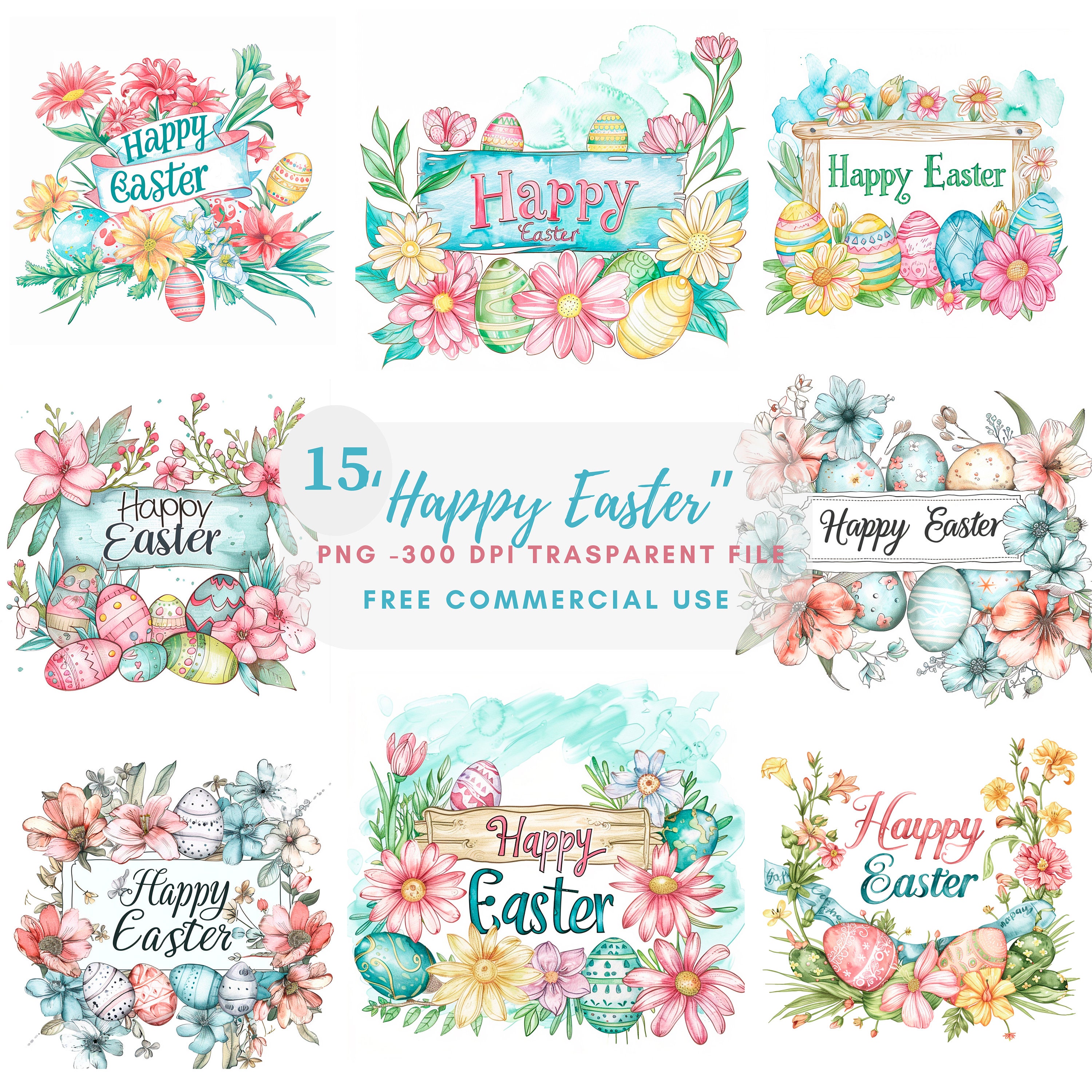 Easter Word Clipart PNG Bundle 15 High Quality,pastel Easter Watercolor ...