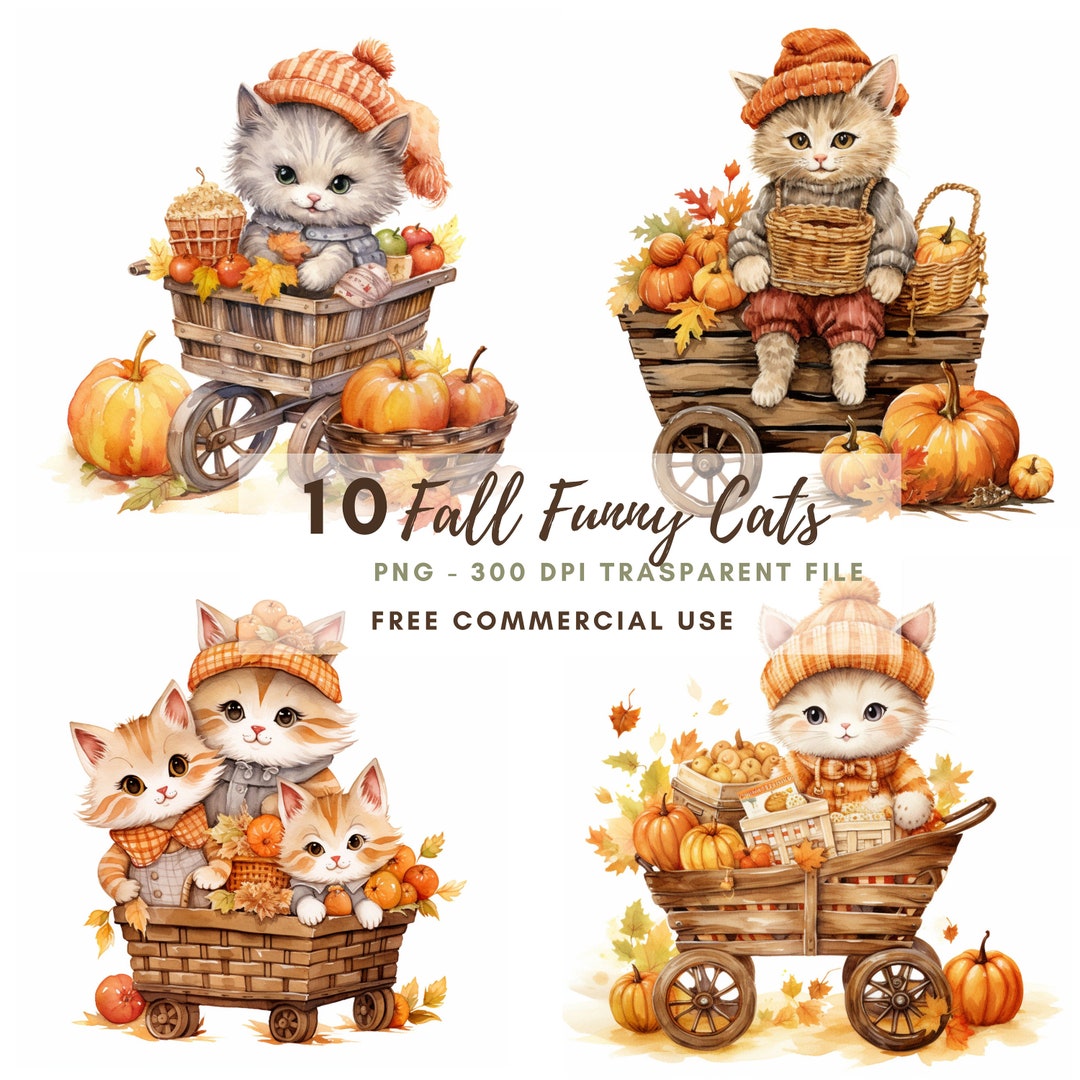 Funny Autumn Cat Clipart PNG Bundle 11 High Quality PNG, Watercolor ...