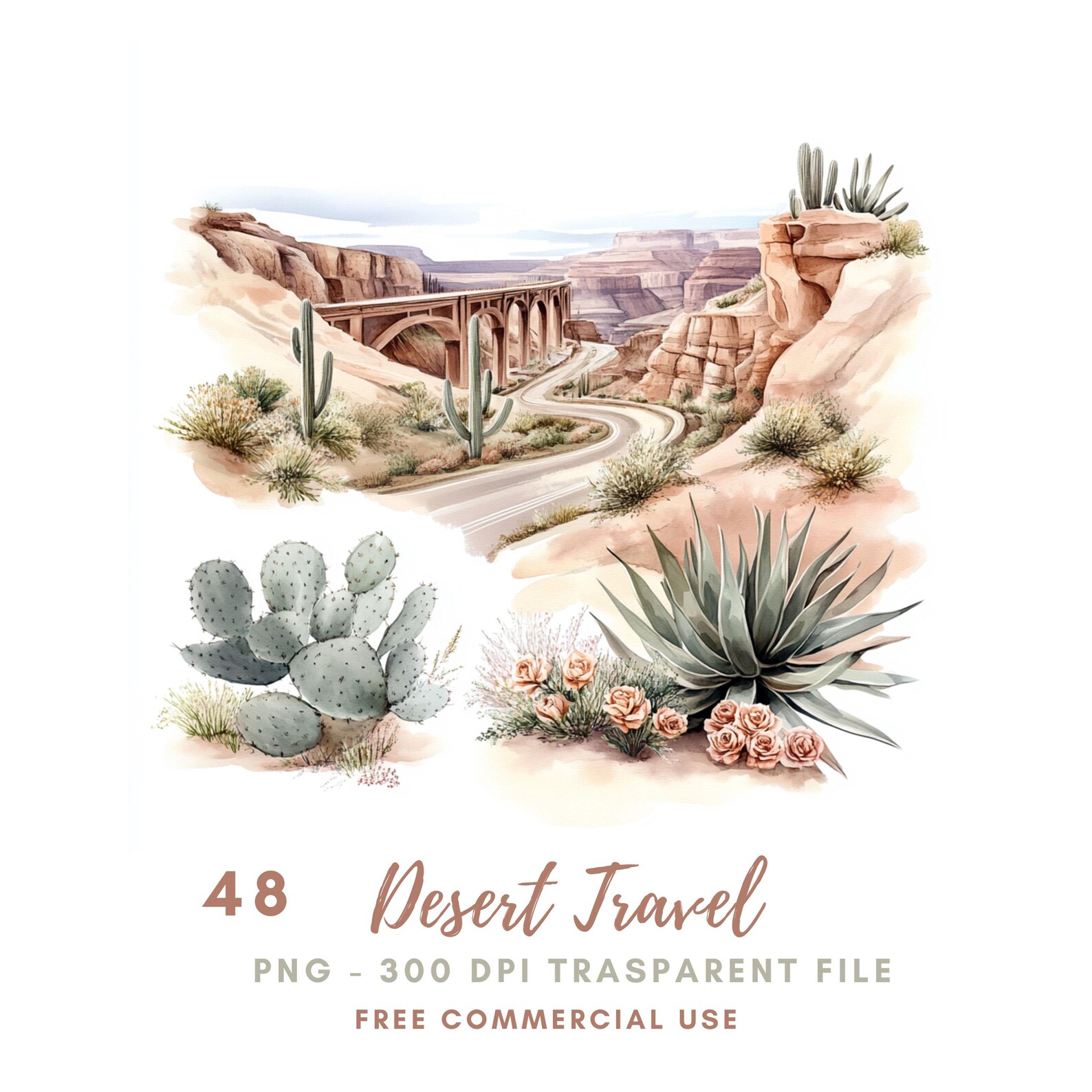 Watercolor Desert Travel Clipart PNG | Bundle 48 High Quality | Woman ...