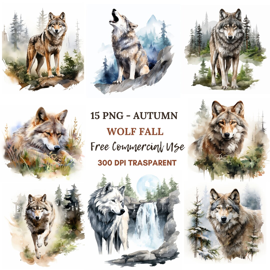 Wolf Forest Clipart Png,bundle 15 High Quality Jpg,watercolor Digital ...