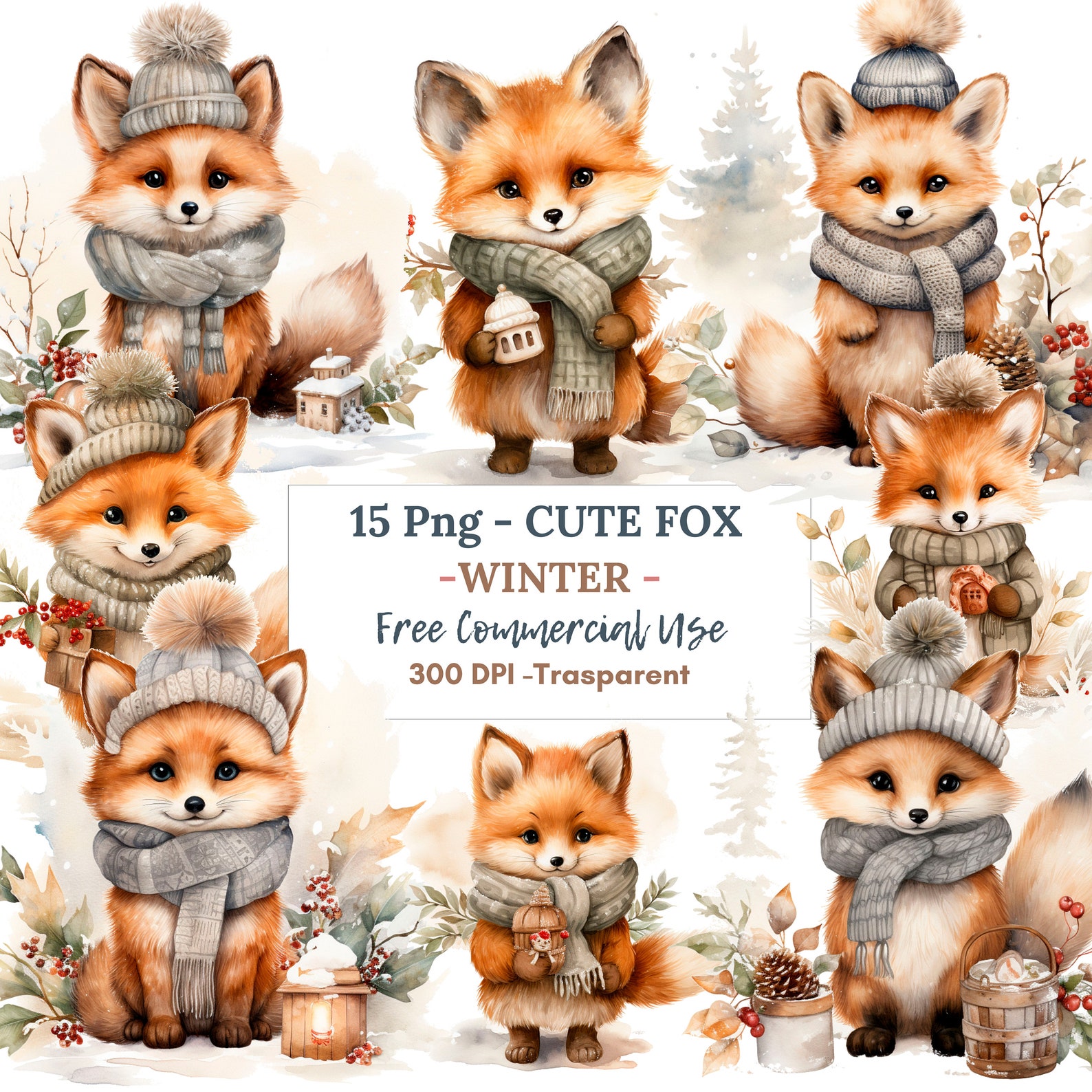 Christmas Fox Clipart Pngbundle 15 High Quality Jpgdigital - Etsy