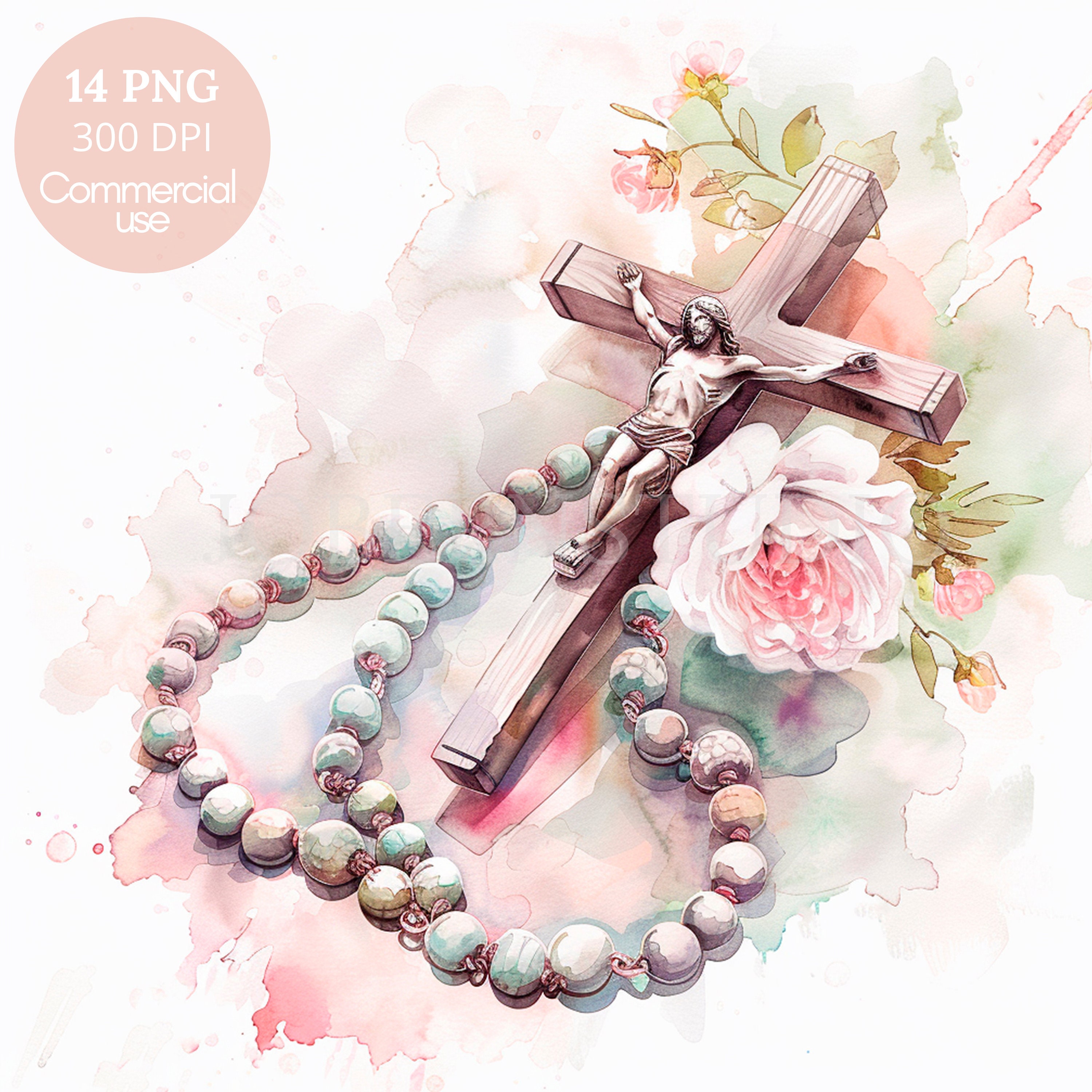 Flower Rosary Clipart Bundle 14 High Quality Png,pink Cross Watercolor ...