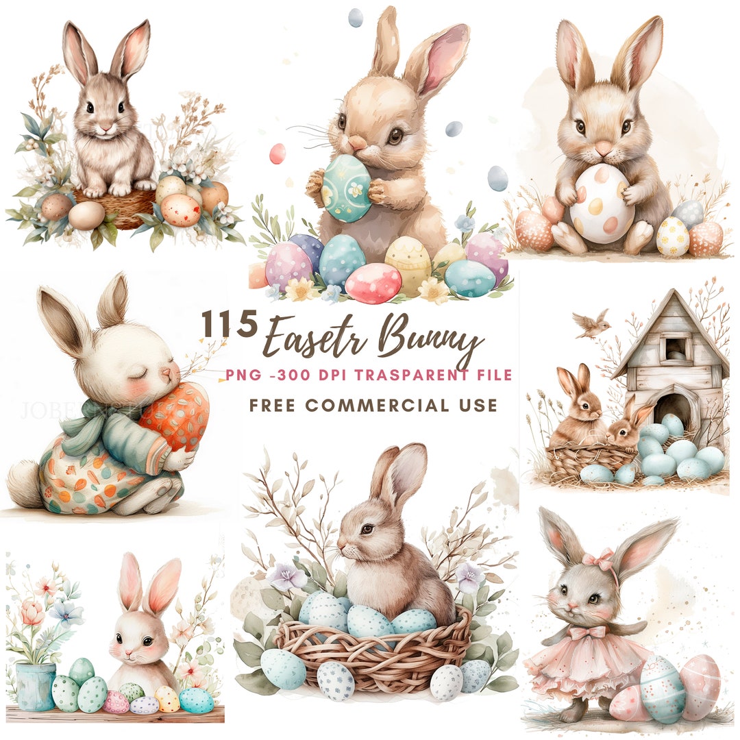 Easter Bunny Rustic Clipart PNG Bundle 115 High Quality JPG, Watercolor ...