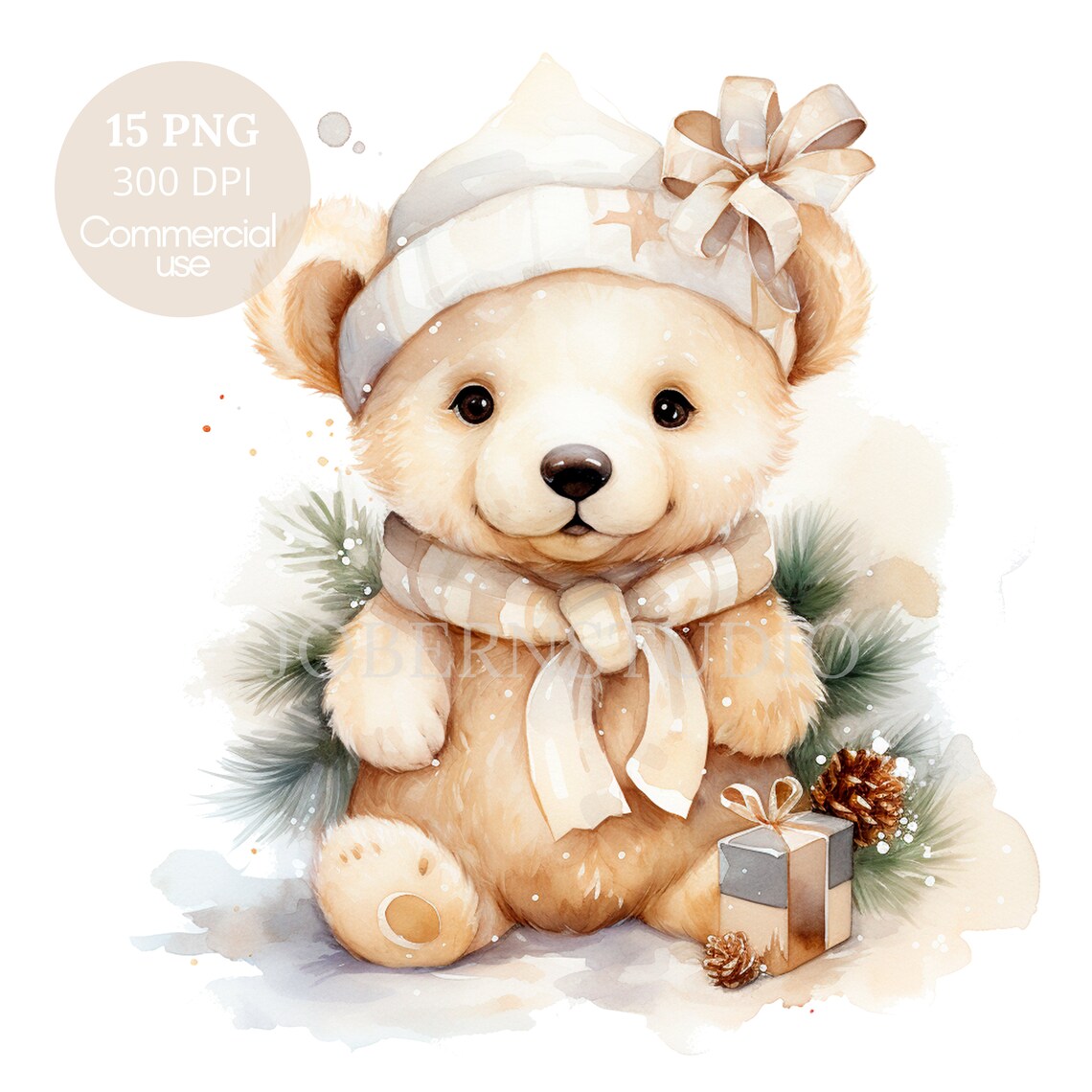 Christmas Teddy Bear, Watercolor Clipart PNG,15 High Quality Jpgs ...