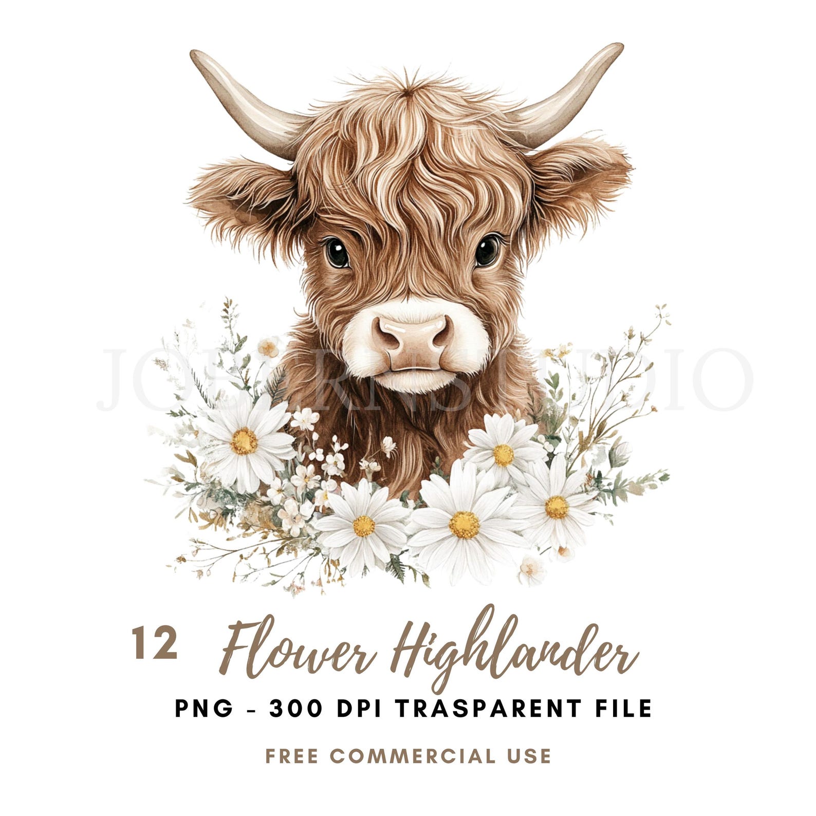Flower Highlander Clipart PNG Bundle 12 High Quality,watercolor ...