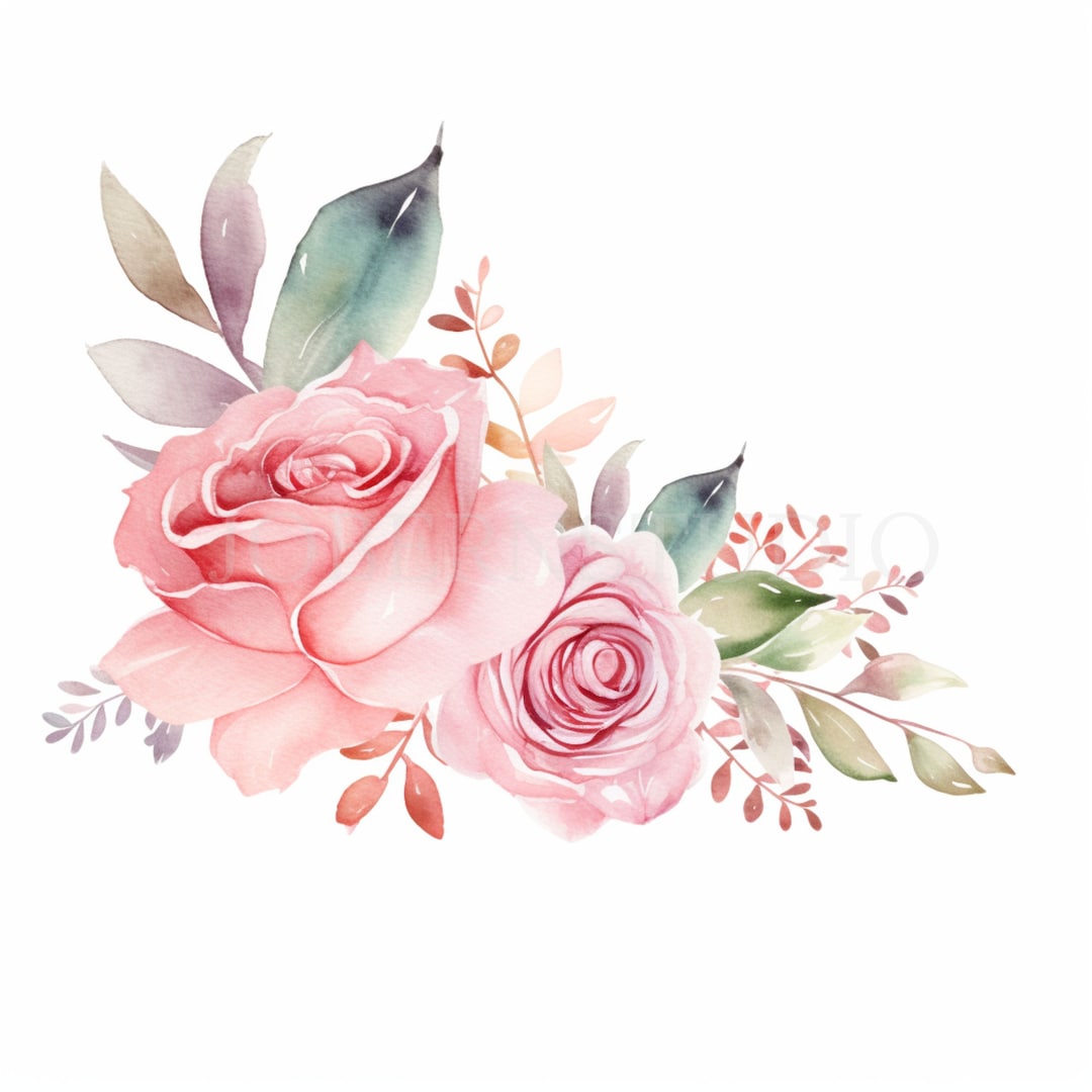 Pink Rose Garland Branch Clipart Bundle 10 High Quality PNG, Watercolor ...
