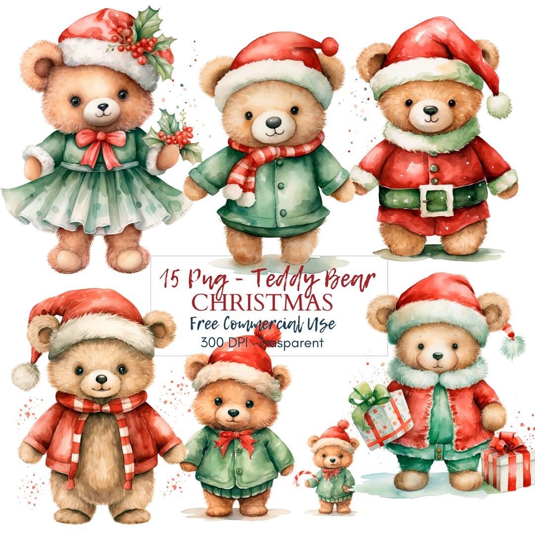 Christmas Teddy Bear Clipart,bundle 15 High Quality Png,watercolor ...