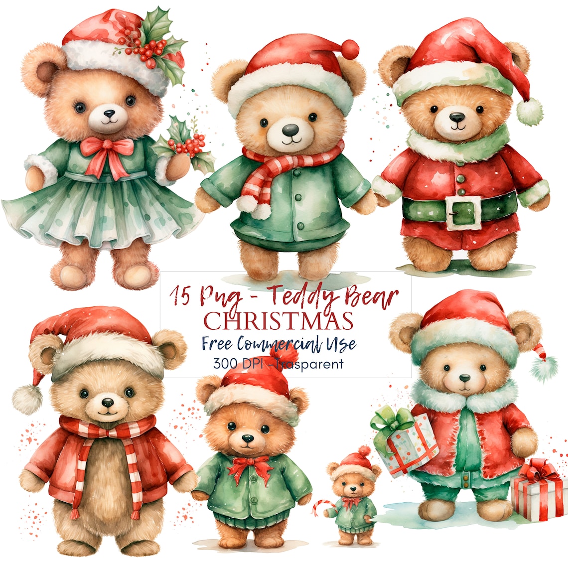 Christmas Teddy Bear Clipart,bundle 15 High Quality Png,watercolor ...