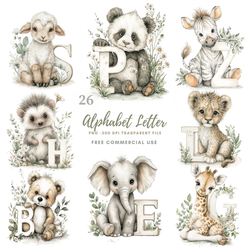 Watercolor Animal Alphabet Clipart, Nursery Letters , Printable ...