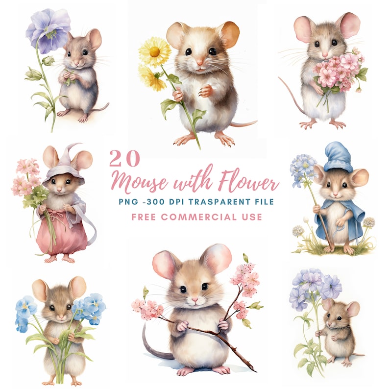 Mouse With Flower Clipart PNG Bundle 20 High Quality,watercolor Mouse ...