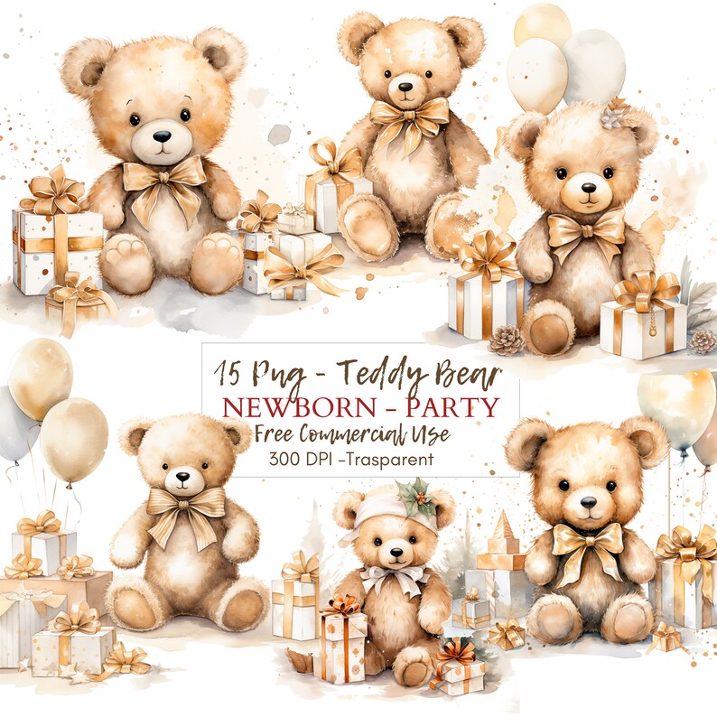 Christmas Teddy Bear, Watercolor Clipart PNG,15 High Quality Jpgs ...