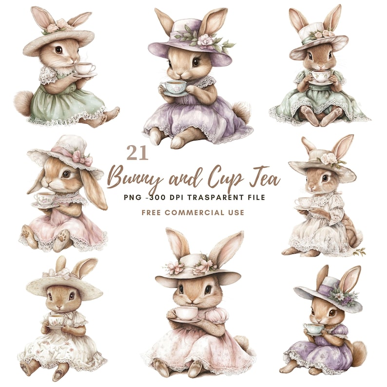 Bunny With Cup Clipart PNG Bundle 21 High Quality, Watercolor Rabbit ...