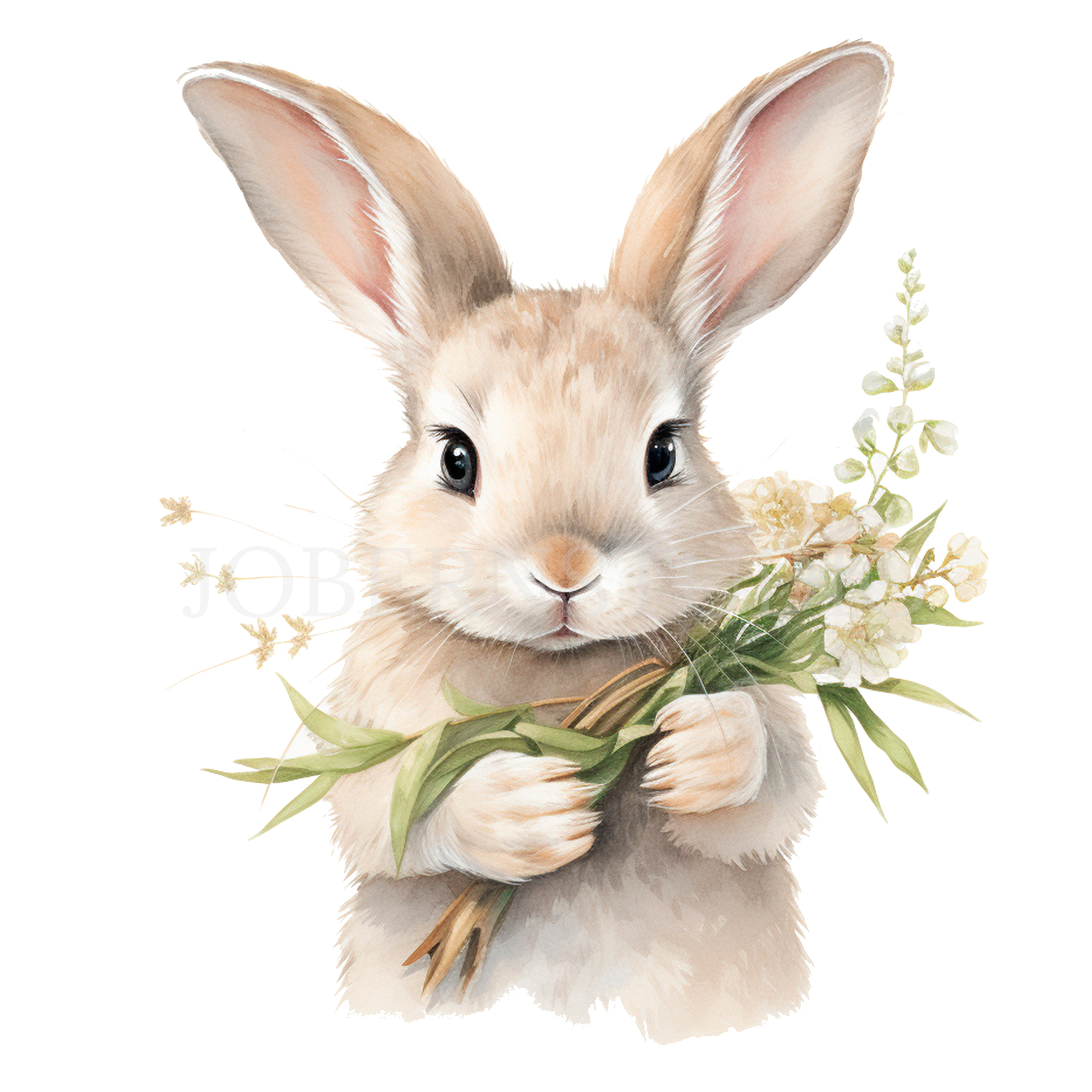 Bunny With Flower Clipart PNG Bundle 10 High Quality JPG, Watercolor ...