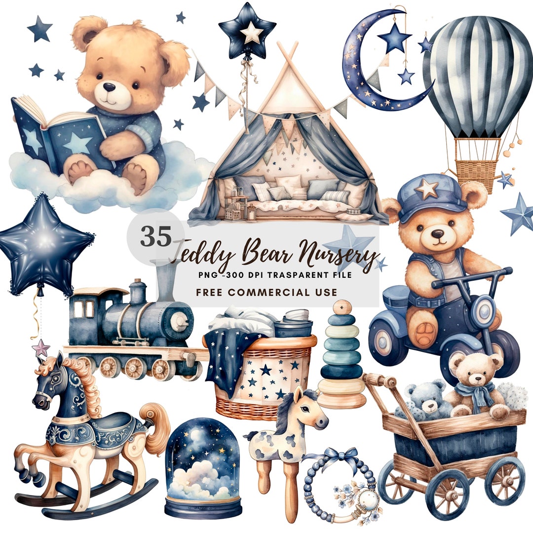 Blue Teddy Bear Nursery Clipart PNG,35 High Quality Jpgs,watercolor ...