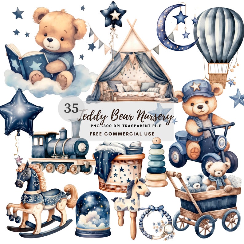 Blue Teddy Bear Nursery Clipart PNG,35 High Quality Jpgs,watercolor ...
